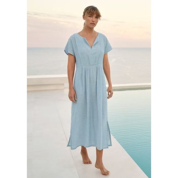 Poetry | Dresses | Poetry Crinkle Linen Cotton Notchneck Dress In Aqua ...